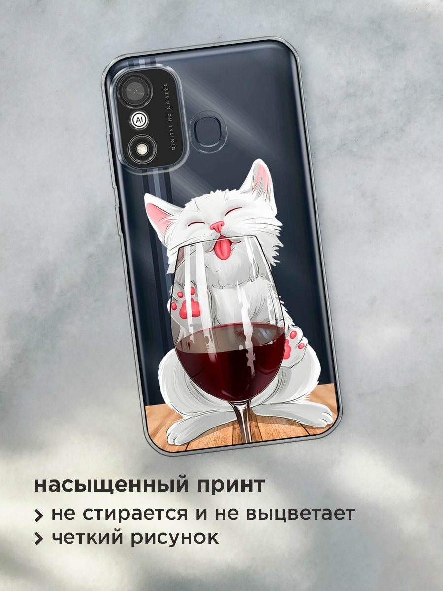 Чехол на Itel A27 / Ител А27 с принтом "Кот с бокалом", прозрачный — фото 1