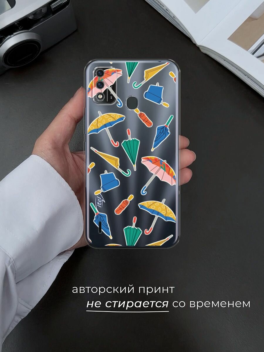 Чехол на Itel A48 / Ител А48 с принтом "Зонты паттерн", прозрачный — фото 1