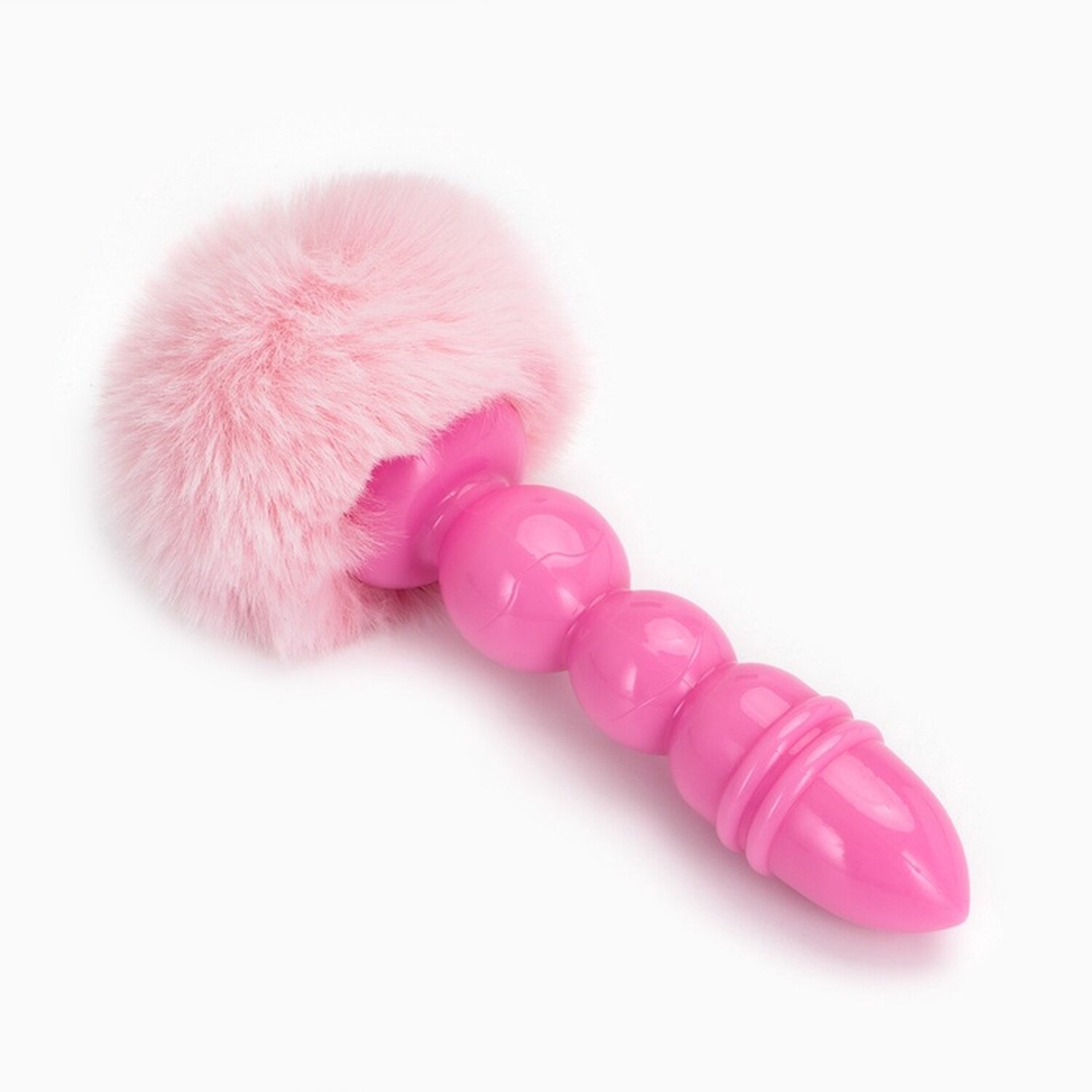 Анальная пробка с мехом, втулка силикон, 130 х 21 мм, хвост 65 мм, шары, розовый