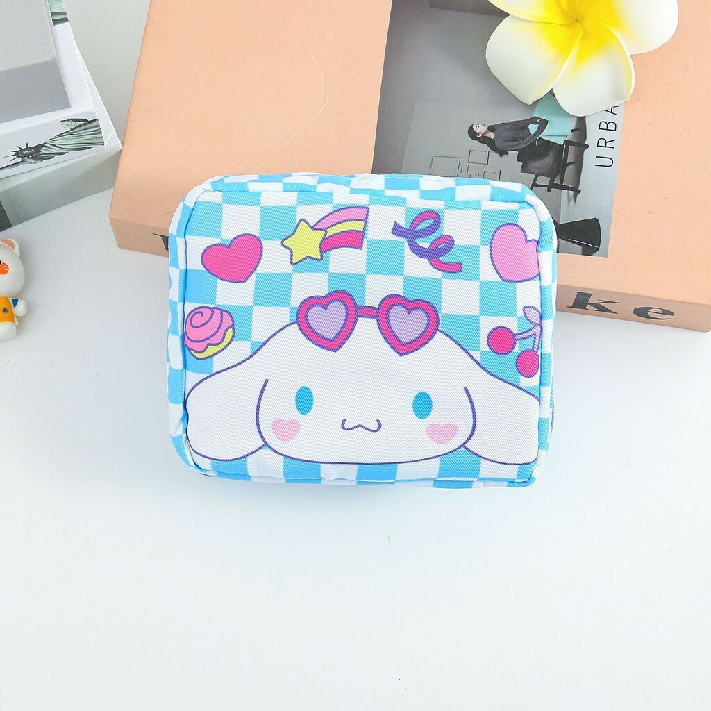 Kuromi cinnamoroll kimono checkered pattern portable makeup bag for girls with compact design white check