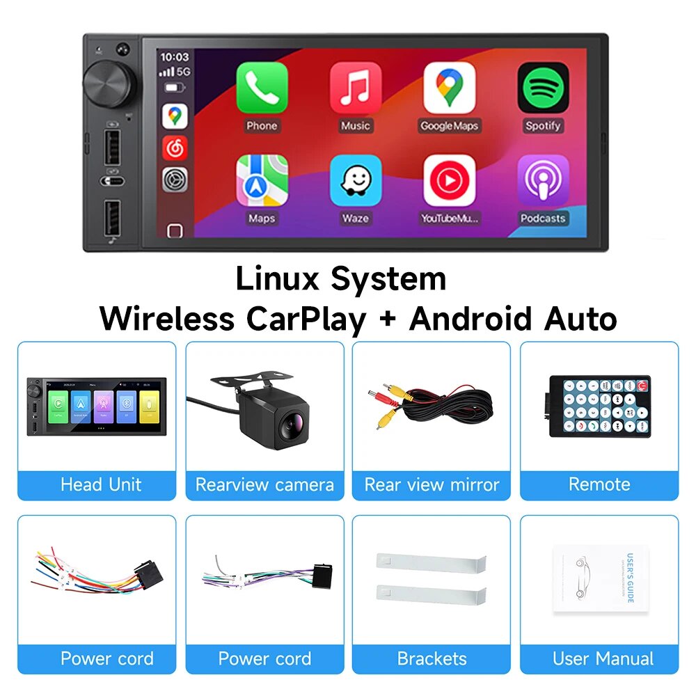 Универсальный 6-дюймовый 1Din Android 11, автомобильный радиоприемник, мультимедийный плеер, MP5, FM-радио, беспроводной/проводной Carplay, Android, автомобильная стереосистема 1 din