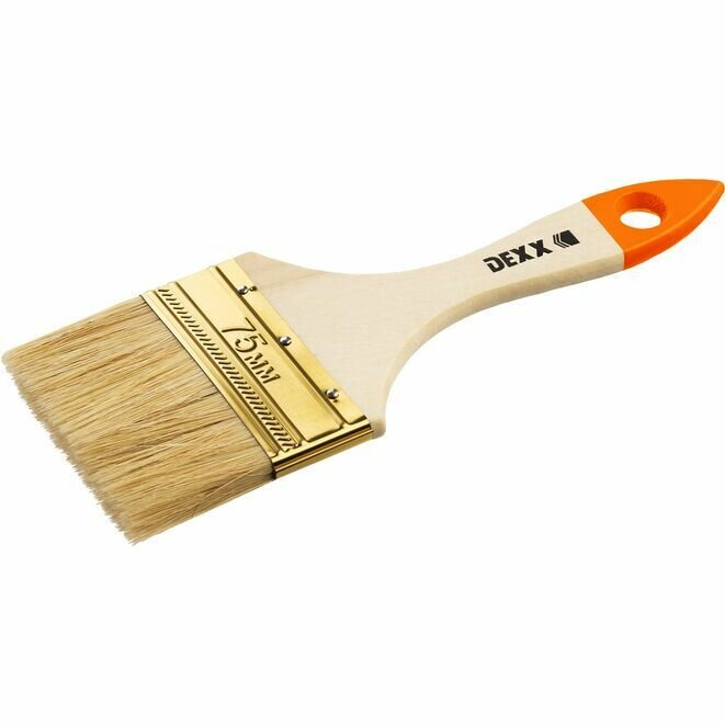 Кисть флейцевая DEXX, деревянная ручка, натуральная щетина, индивидуальная упаковка, 75мм