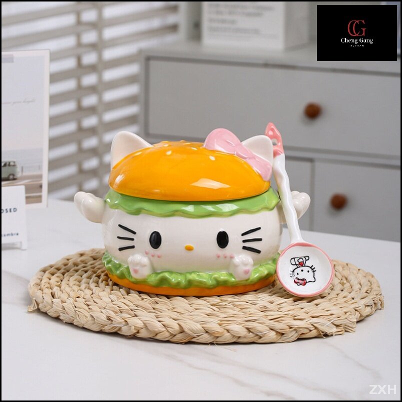 Эксклюзивная глубокая тарелка 12.5 см 800 мл Hello Kitty с крышкой и ложкой из керамики