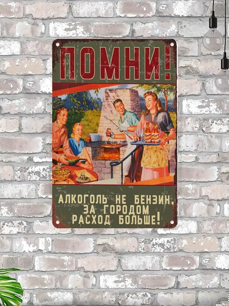 Прикольная табличка для декора дачи и в подарок дачнику Помни - расход алкоголя за городом больше, металл, 20х30 см.