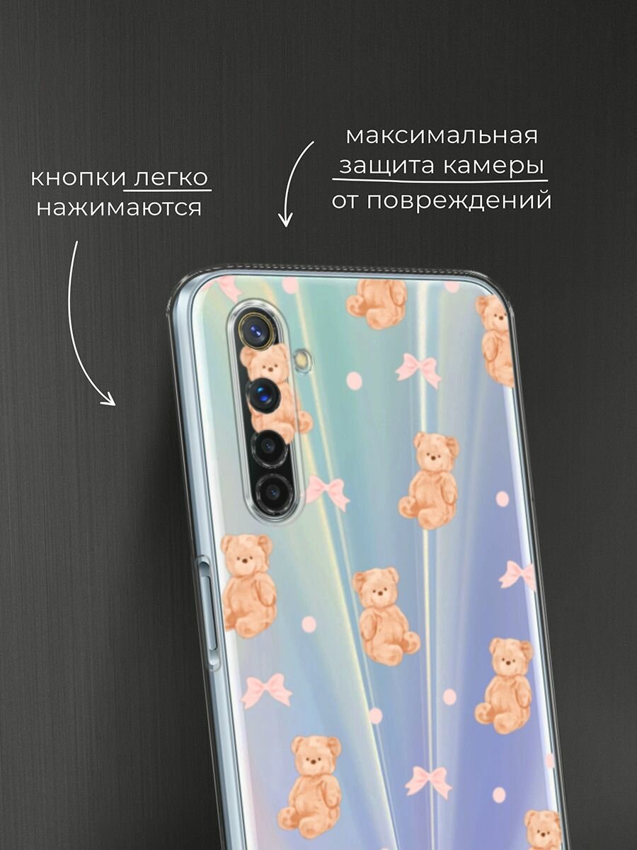 Чехол на Realme 6 / Реалми 6 с принтом Паттерн бежевые мишки, прозрачный — фото 1