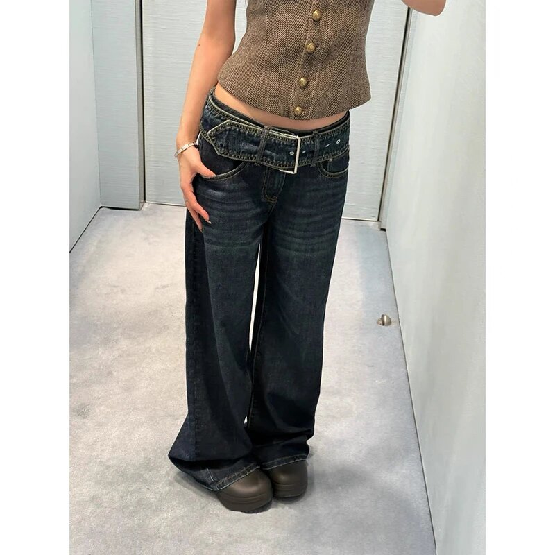 Женские джинсы Чистый цвет Синее 2000-х эстетика низкий пояс свободное Харадзуку винтаж осень