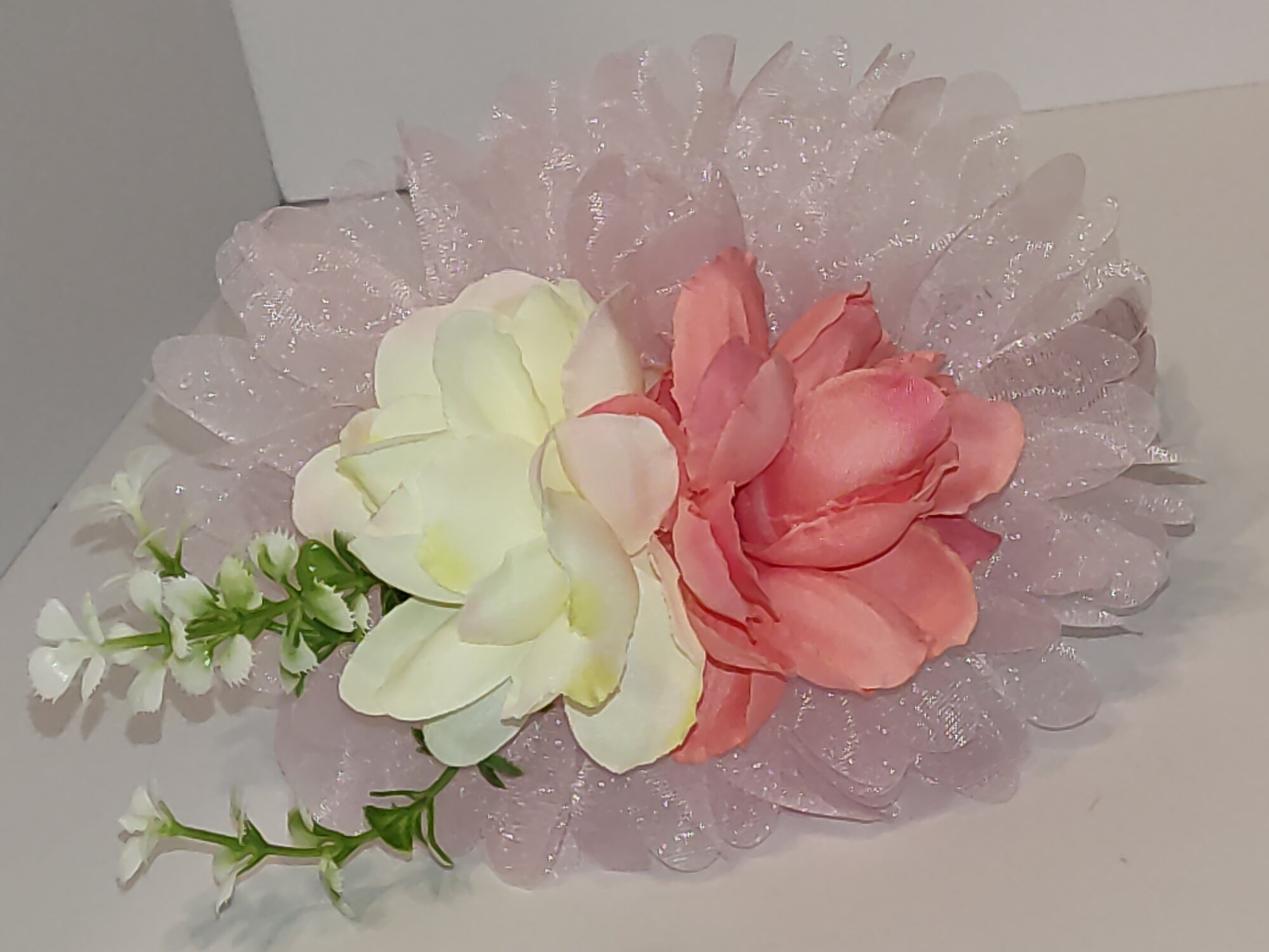 Ободок для волос, ручная работа, пластик, органза, розовый/белый