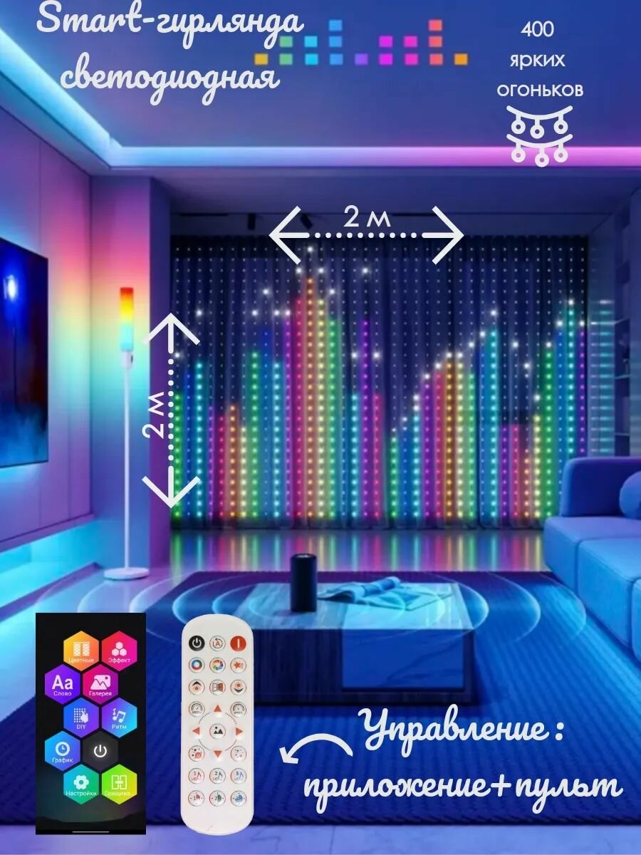 Умная гирлянда-штора 3х3 с текстом и проекцией рисунков