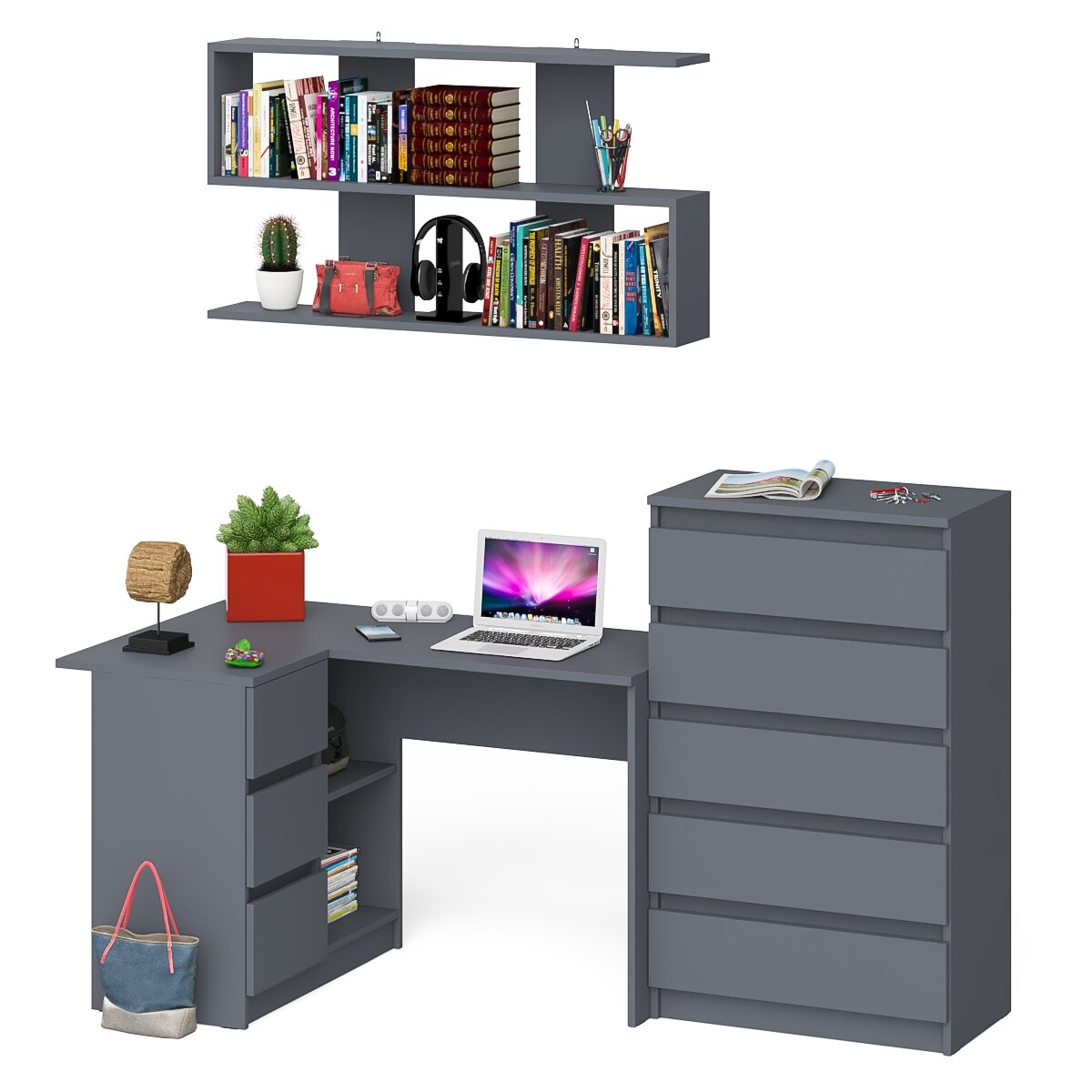 Угловой компьютерный стол Мори МС-16 левый с навесной полкой и комодом, графит, 194,8х84,9х209,6 см.