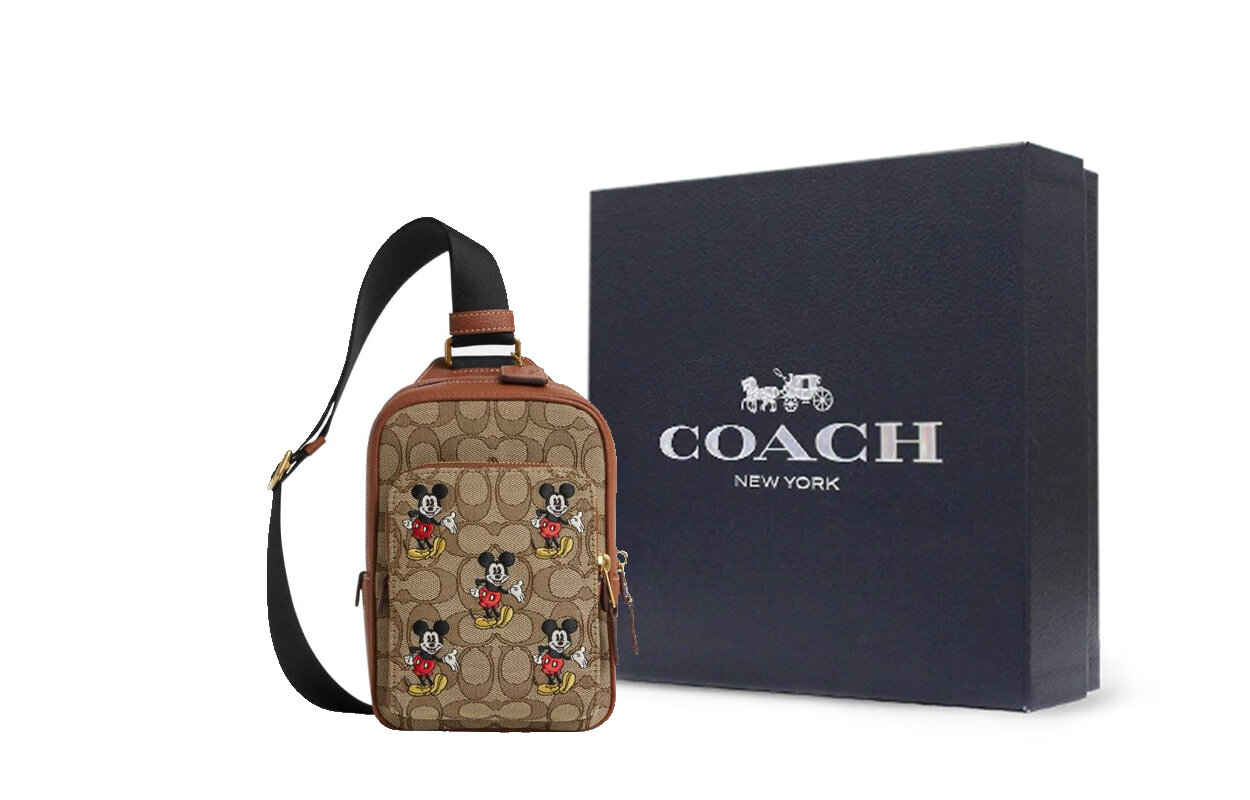 COACH X DISNEY Коллаборация Коровья кожа с текстильной сумкой через плечо среднего размера для мужчин хаки с принтом 基础装（包+防尘袋）