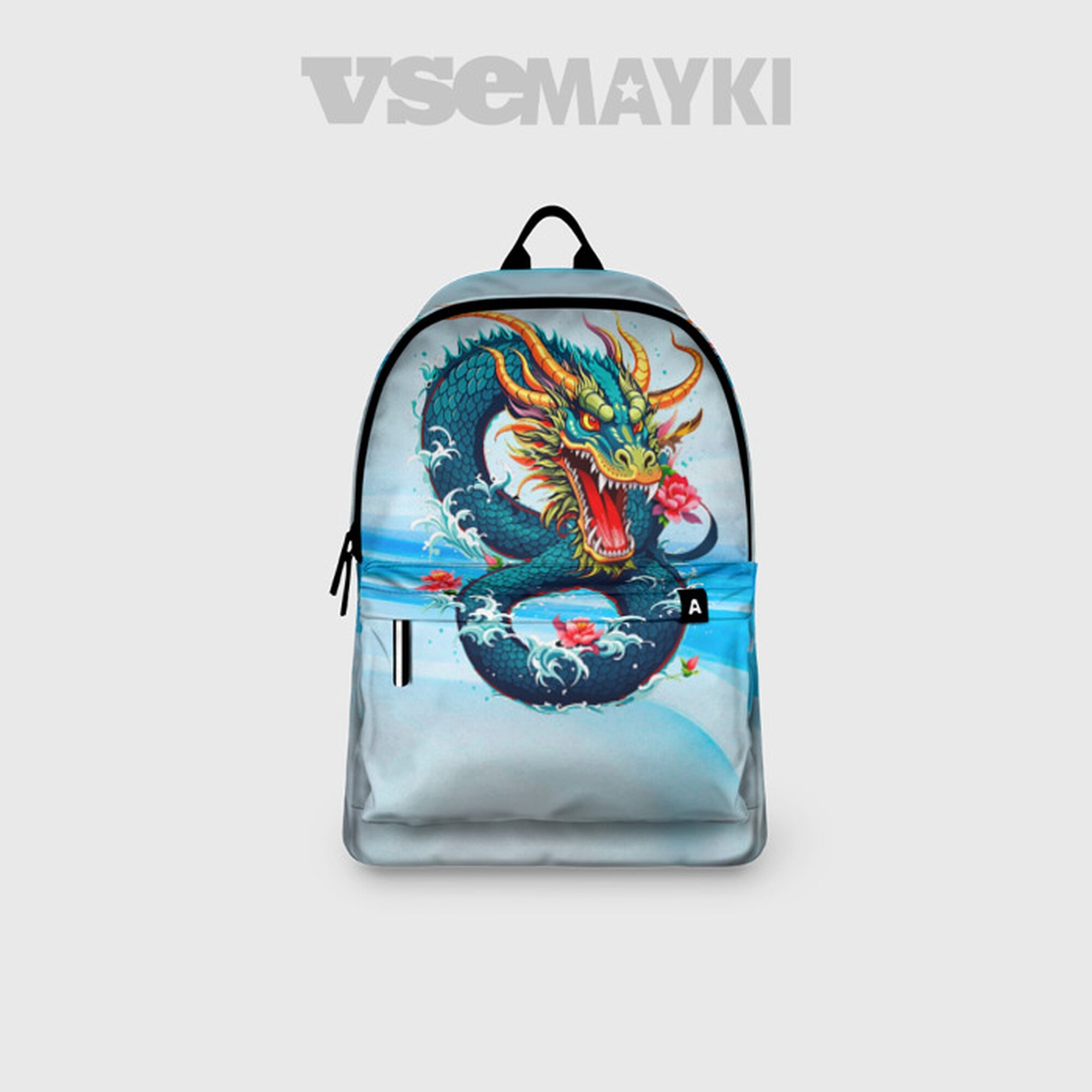 Рюкзак с принтом Китайский водяной дракон на синем фоне, One size, белый
