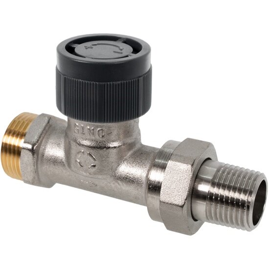 Вентиль Oventrop AR, термостатический, без преднастройки, прямой, DN-15, 3/4", 1/2", Н ЕК-Н, латунь никелированная, НГ со штуцером, черный колпачок