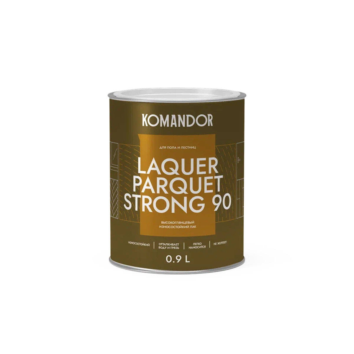 Лак для полов Komandor LAQUER PARQUET STRONG 90, высокоглянцевый, 0.9 л