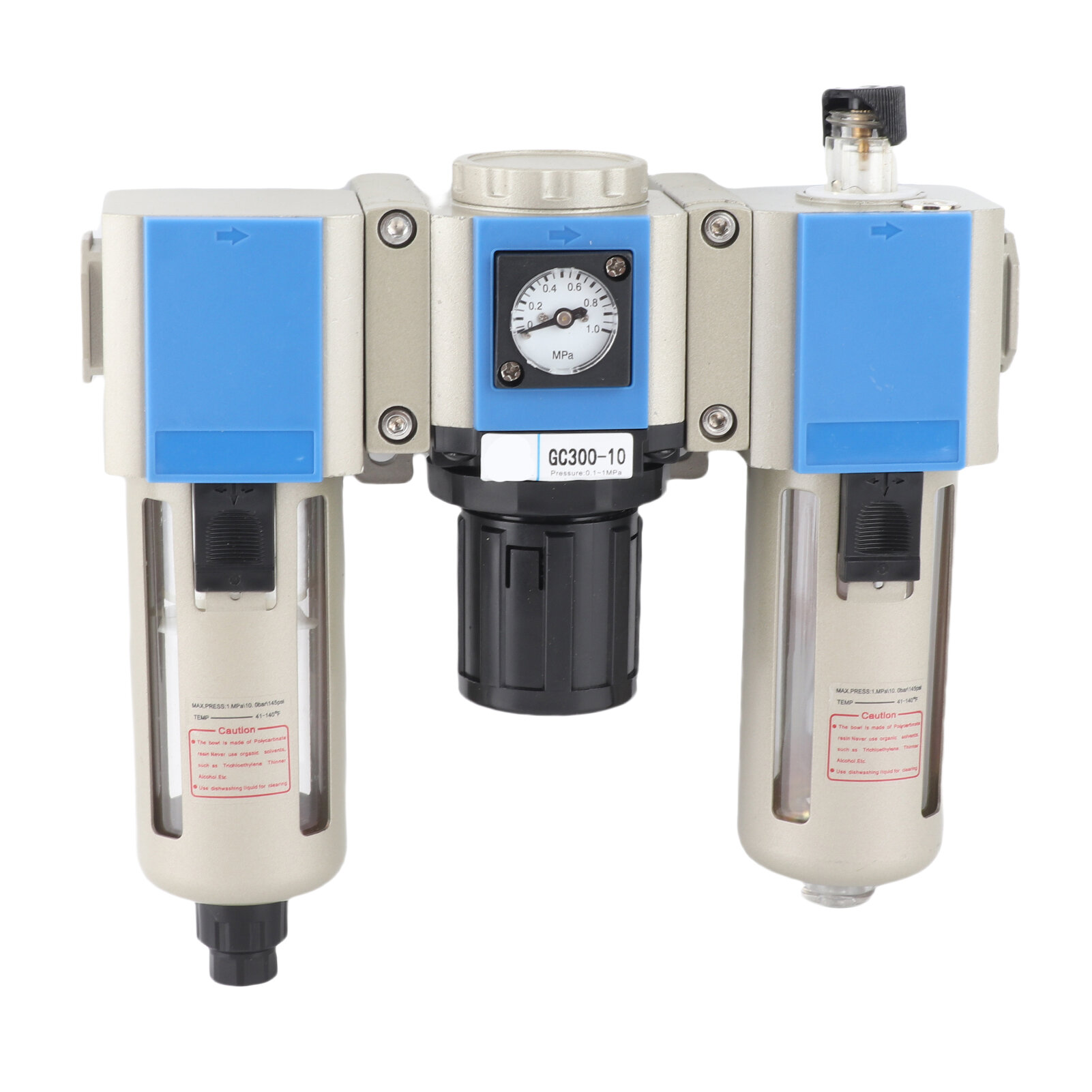Комбинированный блок GC300-10: фильтр расхода воздушного компрессора, регулятор давления, лубрикатор, маслоотделитель.