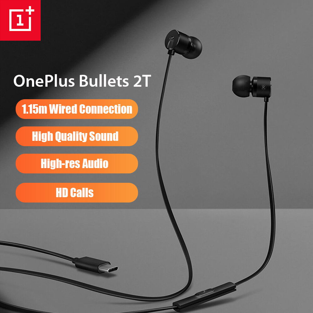 OnePlus Bullets 2T Наушники Type-C Вкладыши с пультом и микрофоном Проводные 1.15M Совместимы с Oneplus 7 8 Pro 6 7 T Смартфоны Черный Сенсибельность 107±3dB Импеданс до 32 Ω Интерфейс USB Управление Магнитное Длина кабеля 1.15 м Мощность 3 мВ Вес 14g
