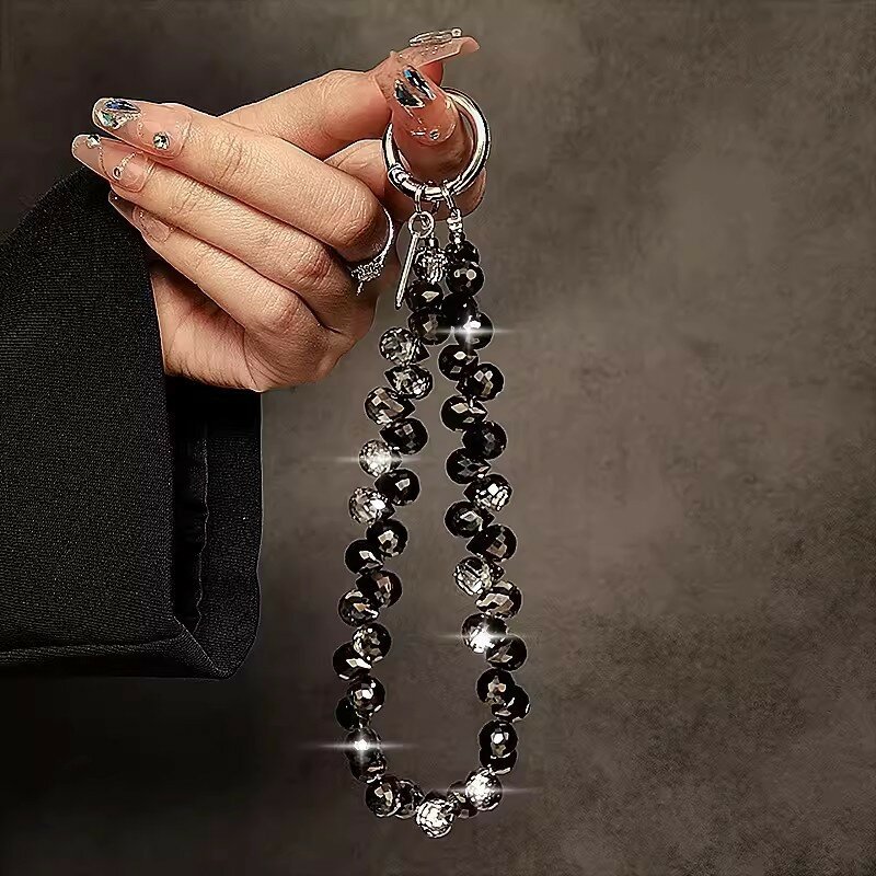 Брелок для телефона, на чехле, с бабочками, прозрачный и голубой бисер, черный