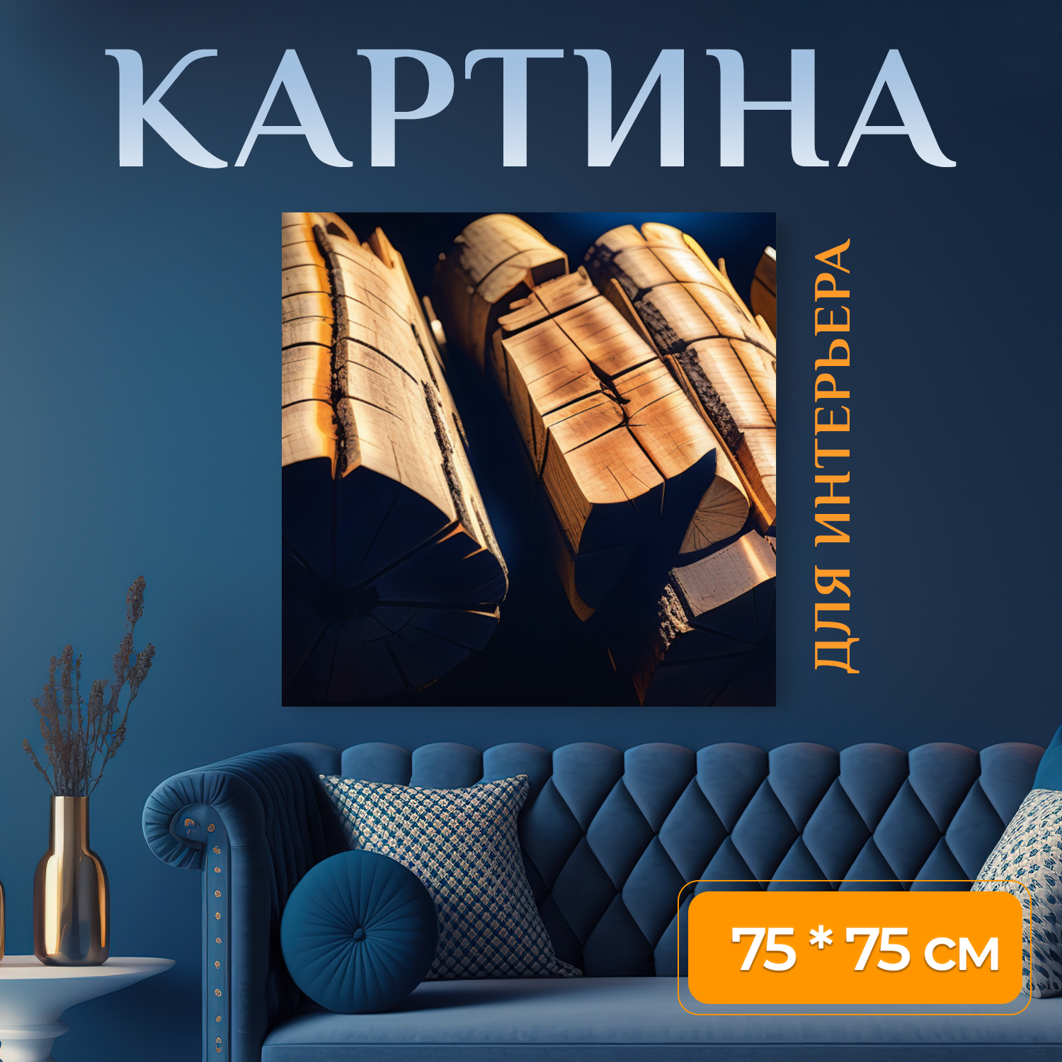 Картина на холсте "Деревянные чурки в ярких огнях" на подрамнике 75х75 см. для интерьера