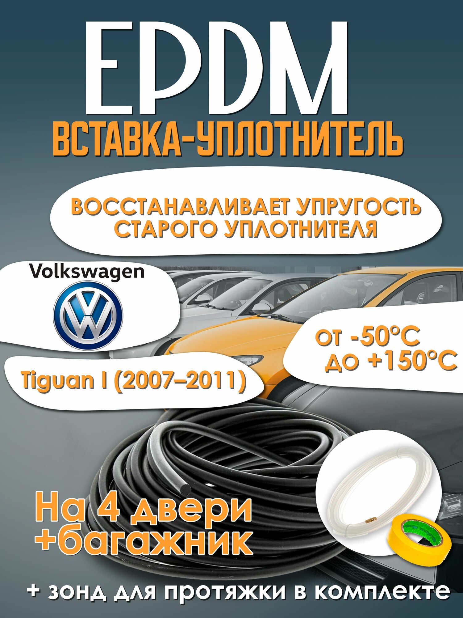 EPDM вставка-уплотнитель для дверей автомобиля Volkswagen Tiguan I (2007-2011) / Фольксваген Тигуан 1 поколение