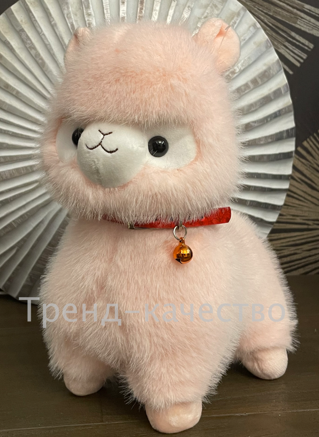 Мягкая игрушка Альпака Лама с колокольчиком 25 см розовая