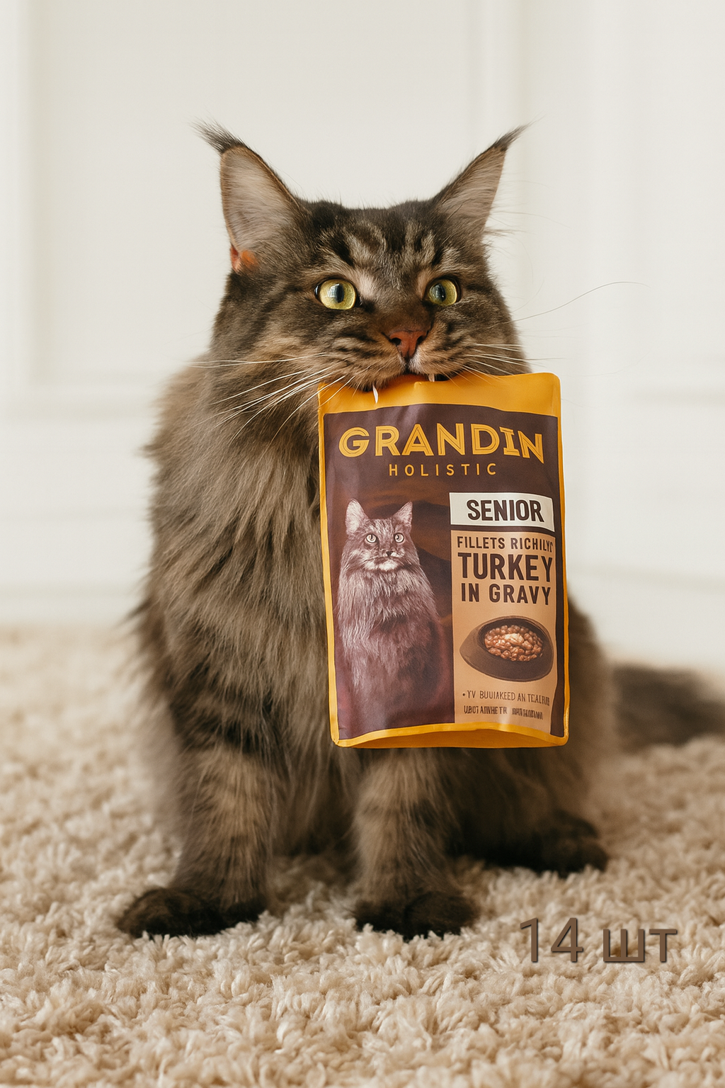 Корм Grandin Senior, для взрослых кошек, индейка, влажный, 85 г, 14 шт