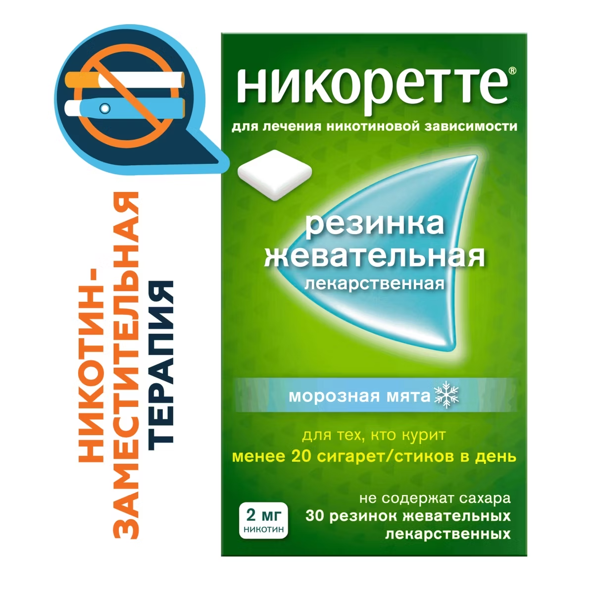Никоретте, резинка жевательная, 2 мг (морозная мята), 30 шт.