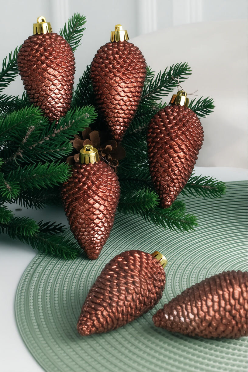 Набор шишки еловые горький шоколад, пластик, 8 см, 6 шт, Winter Deco 028640