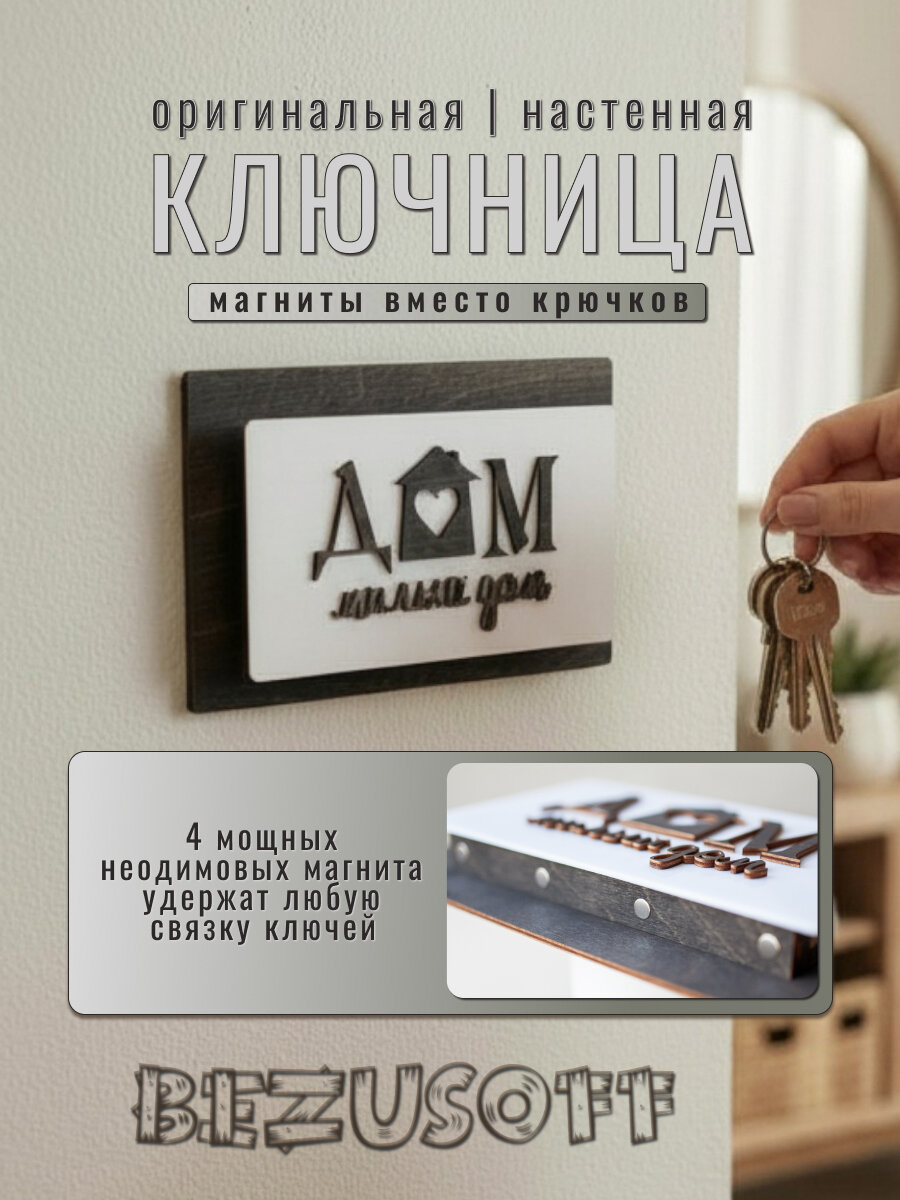 Ключница настенная "Дом Милый Дом" на магнитах Bezusoff черная