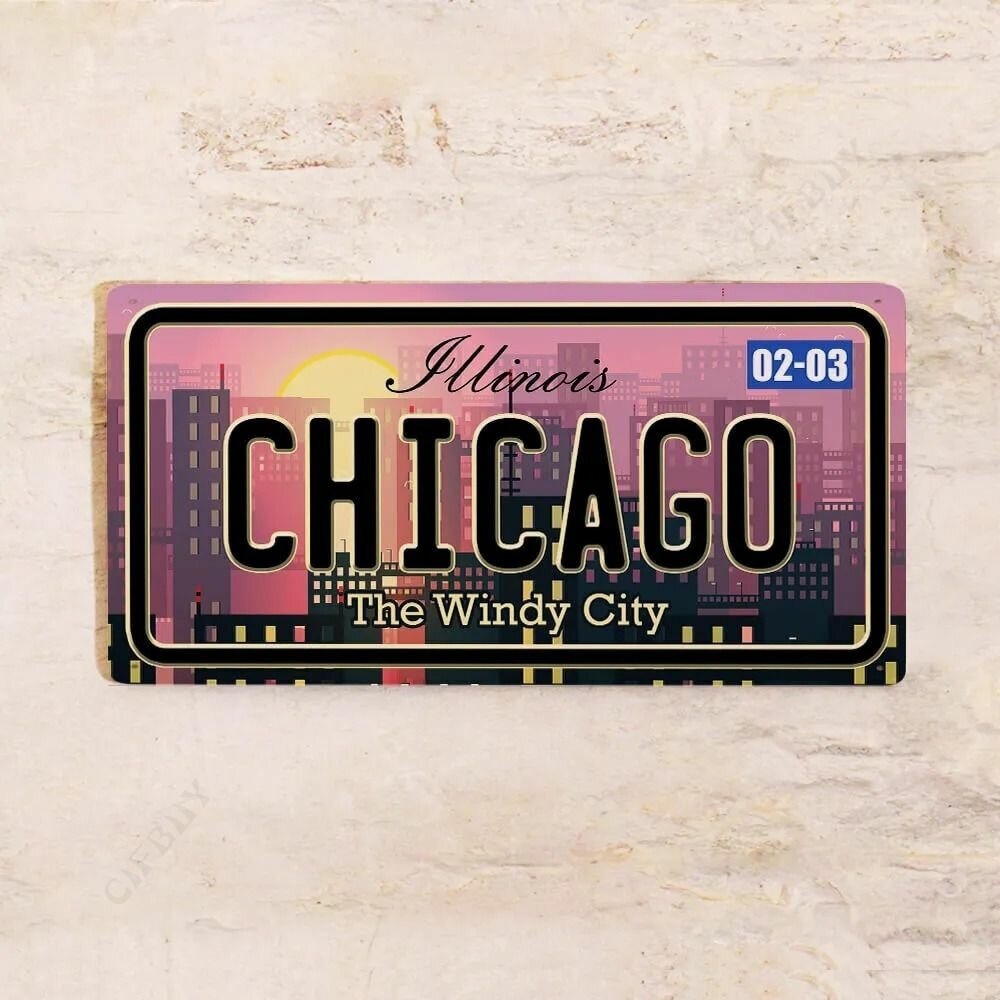 Автономер Чикаго, номера на машину американских штатов для декора стен, оригинальный сувенир США, металл, 15х30 см.