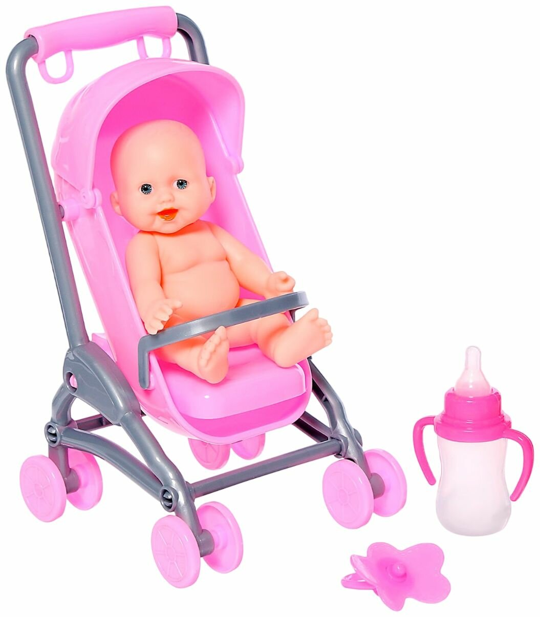 Кукла пупс с коляской "Малыш", игрушечный младенец с аксессуарами для сюжетно-ролевых игр, развивающая игрушка для малышей, руки и ноги сгибаются, 12 см, цвета микс