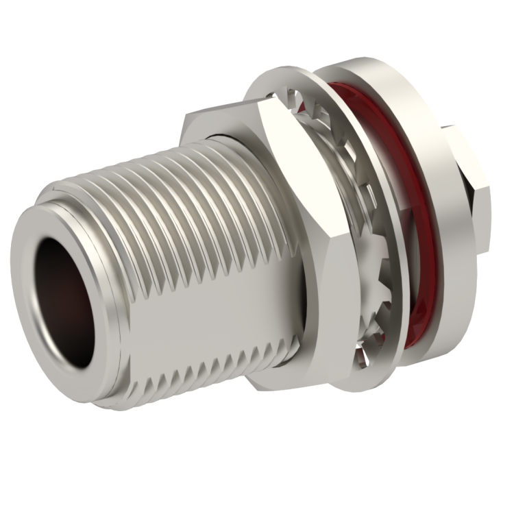 Китайский аналог(замена):4501-7051-002 Прямой разъем N-типа, женский, с зажимом для кабеля 250 S, никелевый, задний монтаж|панель герметизирована