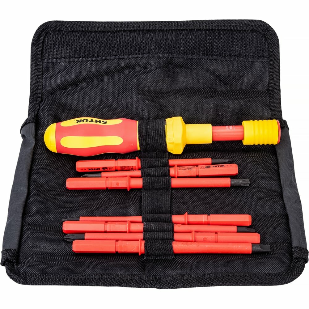 Набор диэлектрических отверток со сменными вставками 7+1, (в кофре, динамометрическая рукоятка 1-5 Нм) SHTOK 09350