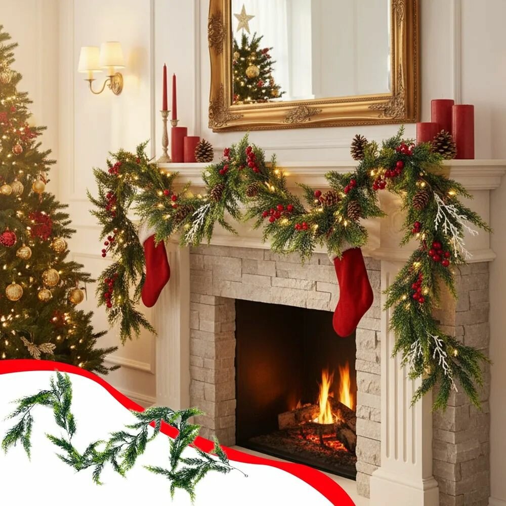 Гирлянда хвойная "Готовая композиция: стабилизированная лиана 175 см, не вянущий цветок для дома и подарка", 175 см, 1 шт