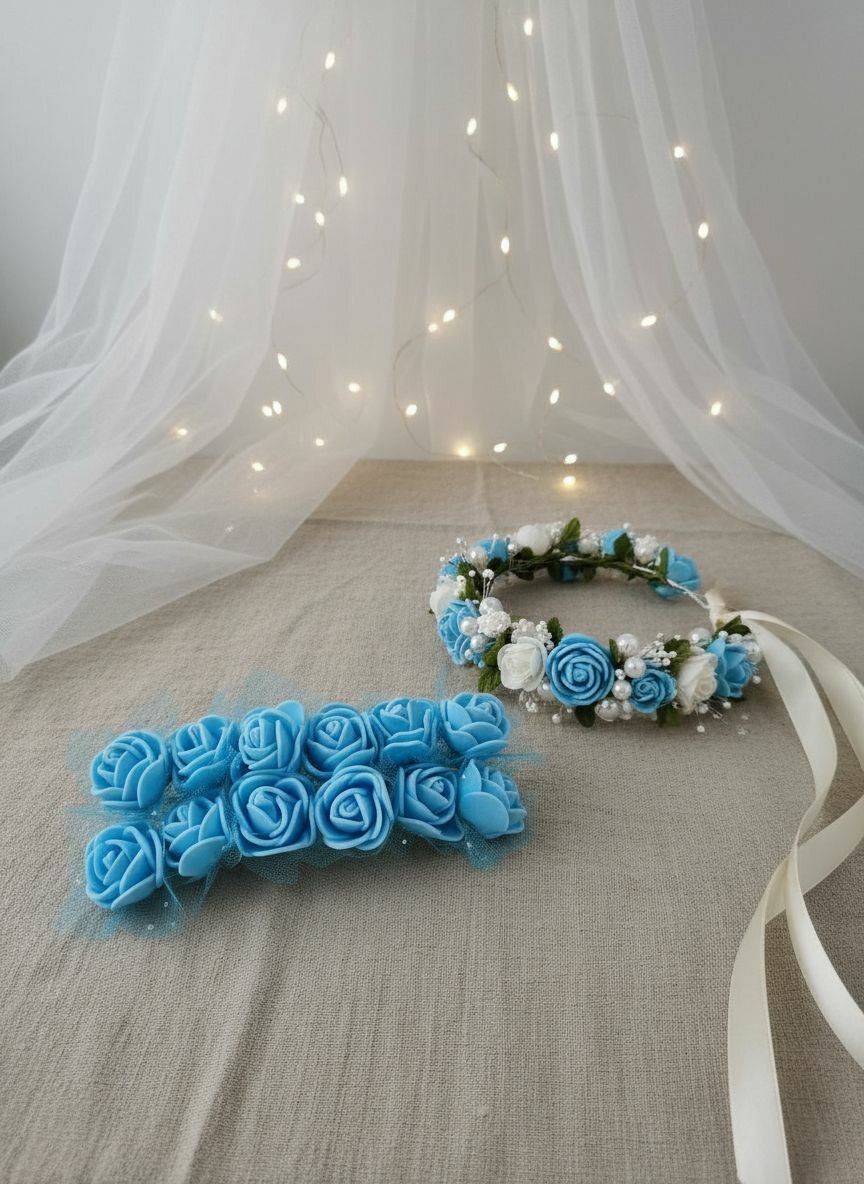 Цветы из фоамирана 2 см, голубые, на металлической ножке, упаковка 12 штук