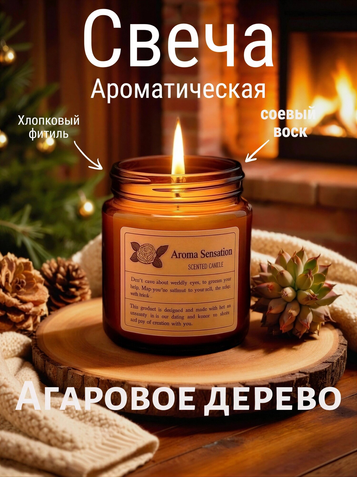 Свеча в стеклянной банке "Агаровое дерево", ароматическая, соевый воск, 20 часов горения