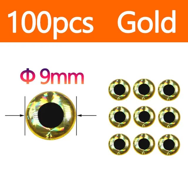 100шт Голографические рыболовные глазки, 9 мм, Gold