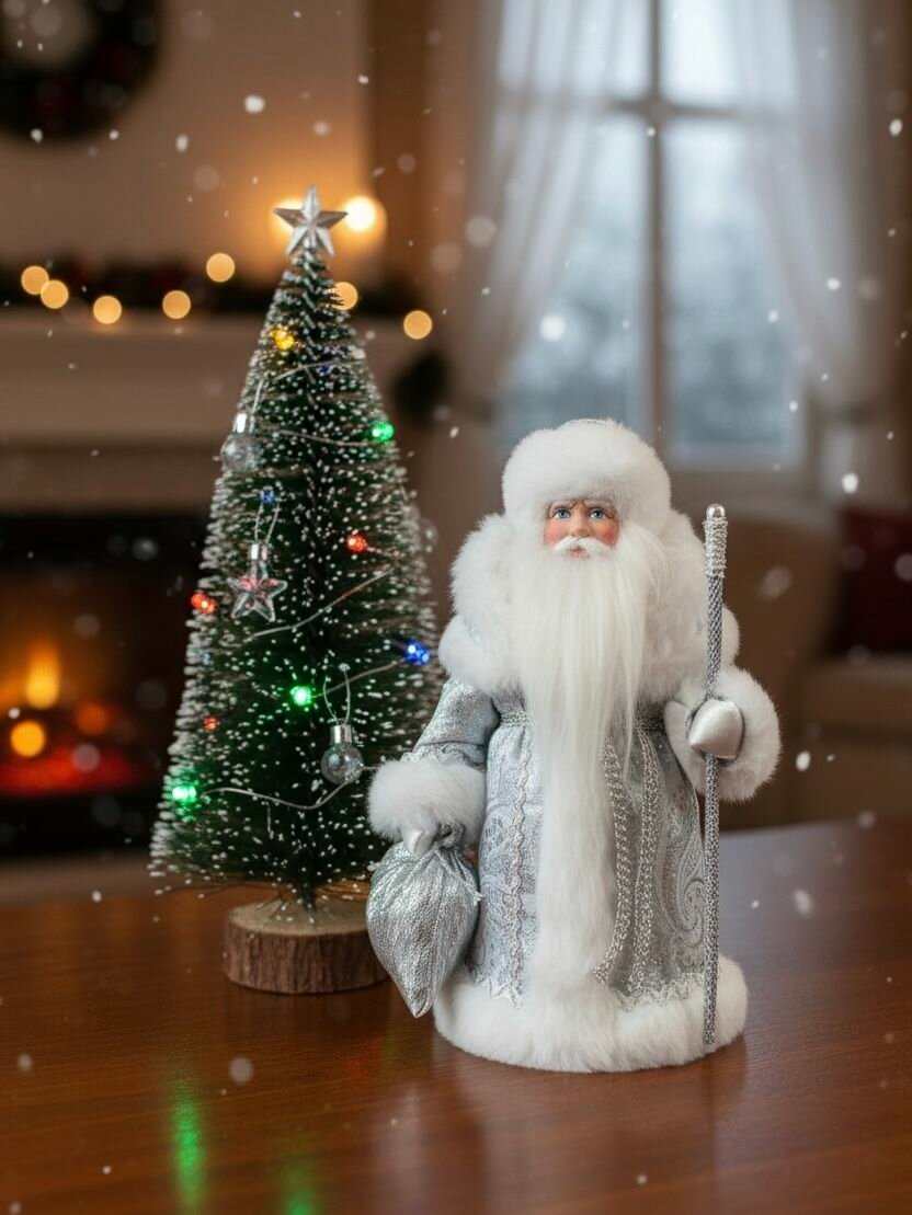 Дед Мороз под елку в серебристой шубе с воротом 24 см ручная работа сделано в России