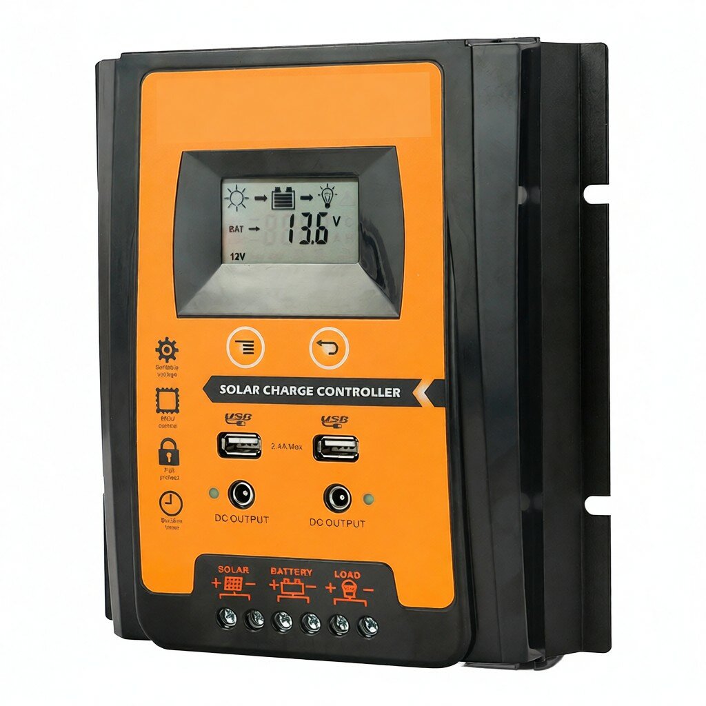 50A PWM Solar Charge Controller для 12V/24V Solar Panel System IP32 PV Battery Controller Charge Timer LCD Display с Dual USB Port Overload Protection Black+Orange