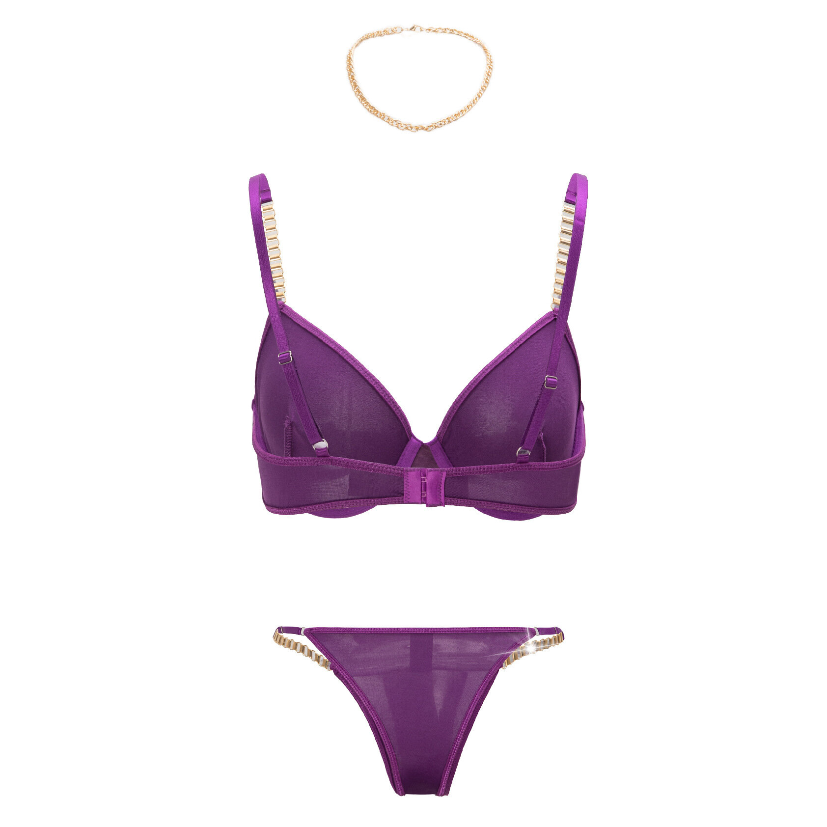 Комплект из ультратонкого сетчатого бюстгальтера пуш-ап в европейском и американском стиле и соблазнительных трусиков-стрингов с металлическими цепочками. Фиолетовый.