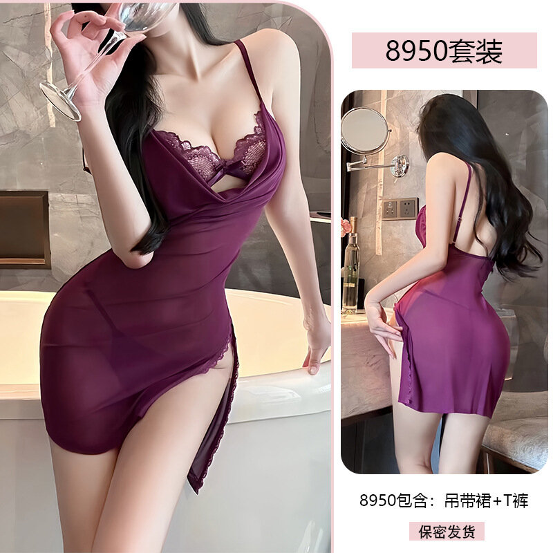 Сексуальное нижнее белье, кружевная майка, соблазнительная ночная рубашка с открытой спиной, прозрачная сетчатая ткань, бант, который нельзя снять, сексуальное белье. Фиолетовый.
