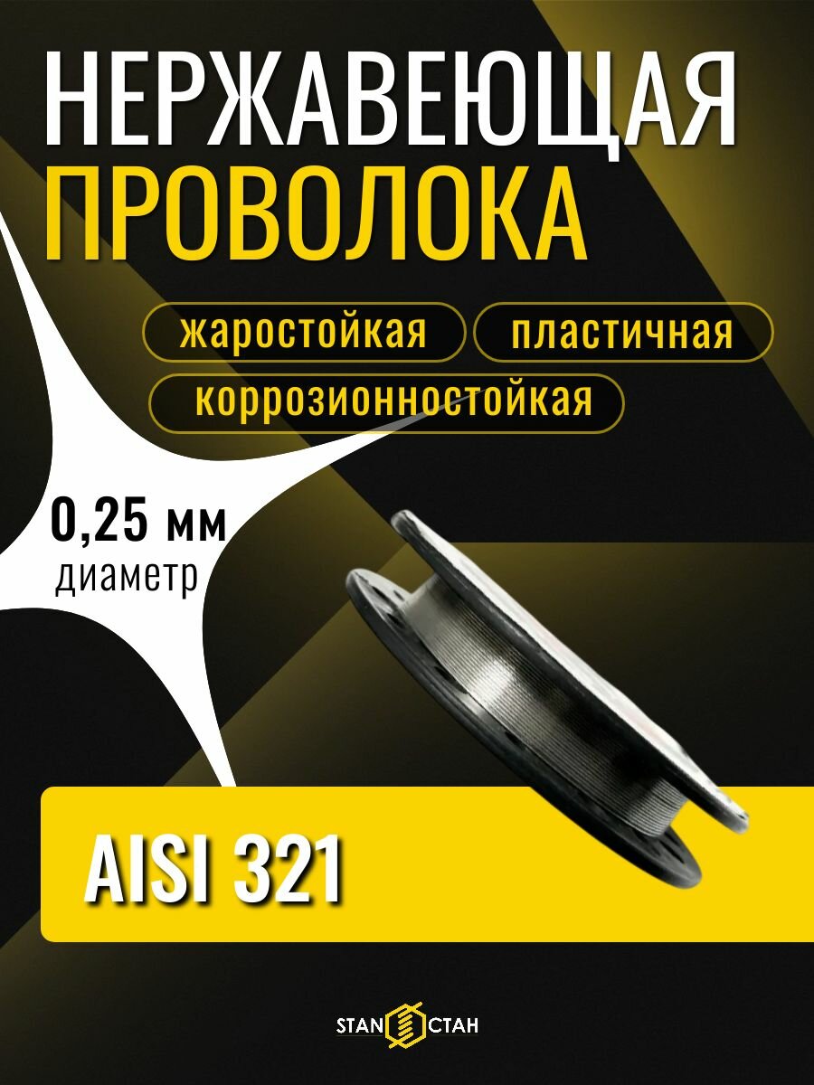 Проволока нержавеющая 0,25 мм, 25 м, AISI 321 (12Х18Н10Т ), жаропрочная нержавейка, катушка для нагревательных элементов, печей, гибки, плетения