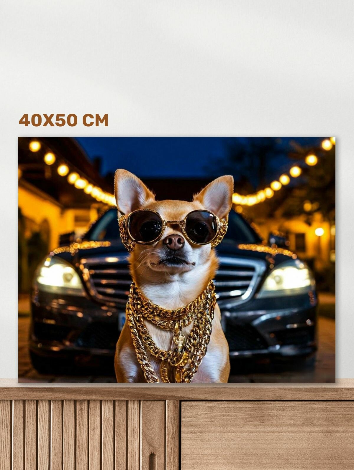Картина интерьерная на стену, яркая 40х50, чихуахуа в темных очках и мерседес бенц