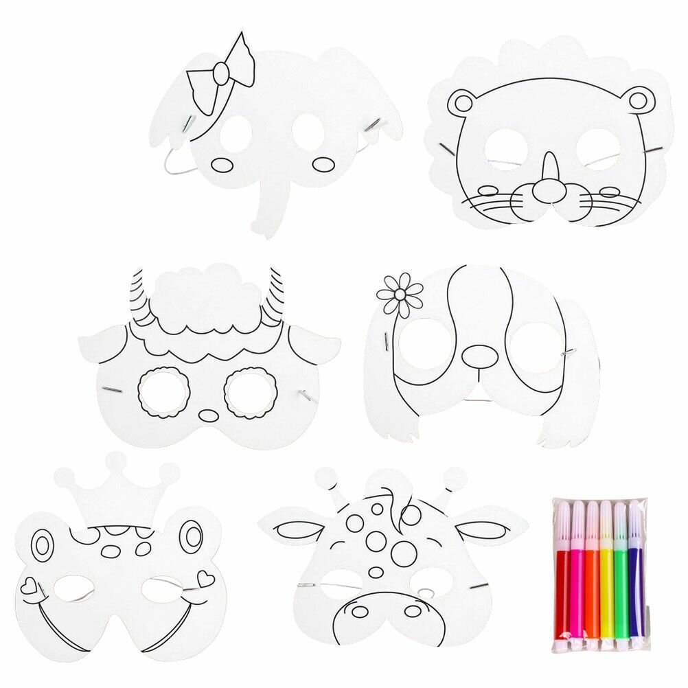 6 Масок, Неокрашенные, Для Детей, Из Бумаги