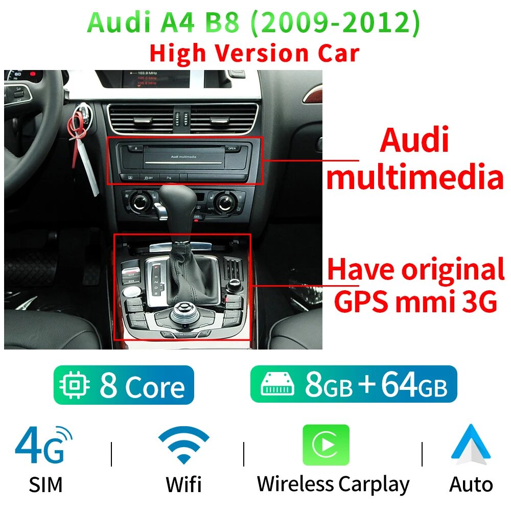 WIFI SIM Android 13 Автомобильный мультимедийный плеер Carplay для Audi A4 B8 09-12 HIGH 8-64GB
