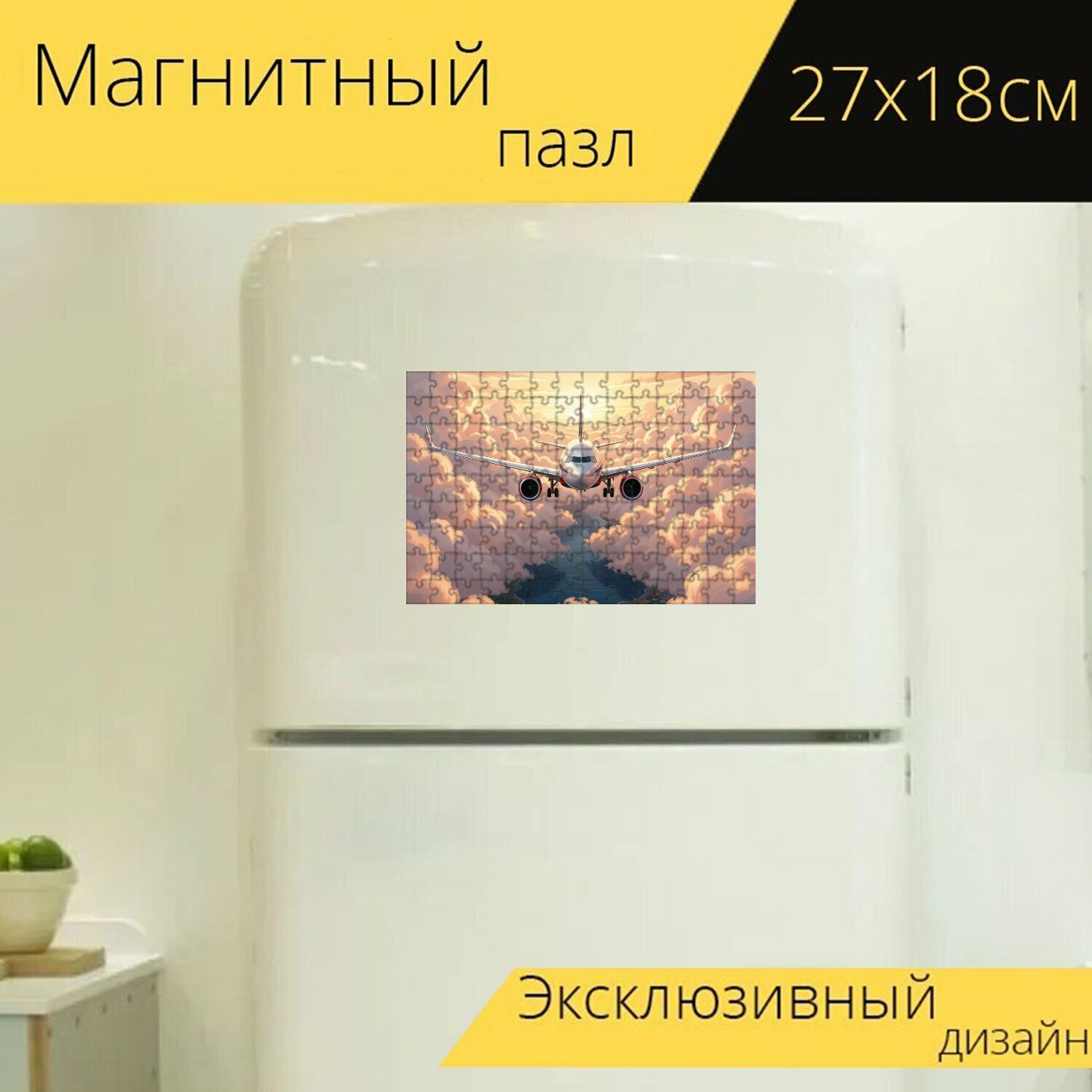 Магнитный пазл "Самолёт в облаках на рассвете. Летящий авиалайнер среди пушистых облаков над водной гладью, теплые золотисто-розовые оттенки, воздушная." на холодильник 27 x 18 см.