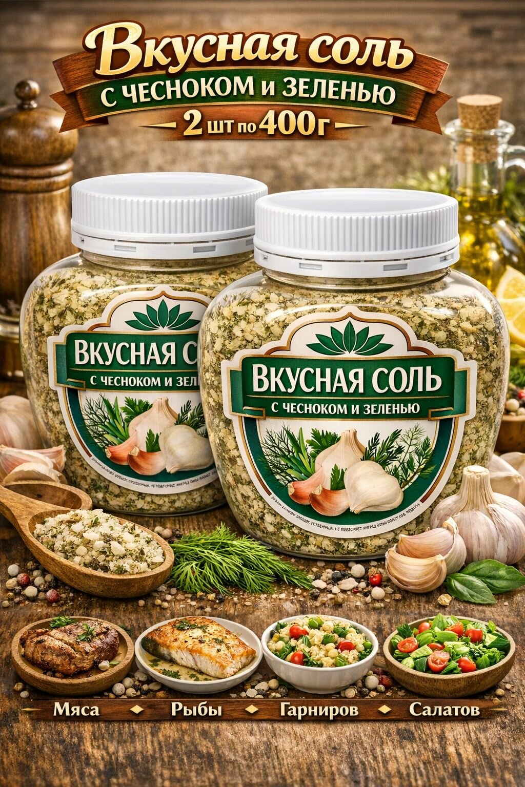 Соль Pastel Вкусная соль "С чесноком и зеленью", 2 шт. по 400г, 800 г