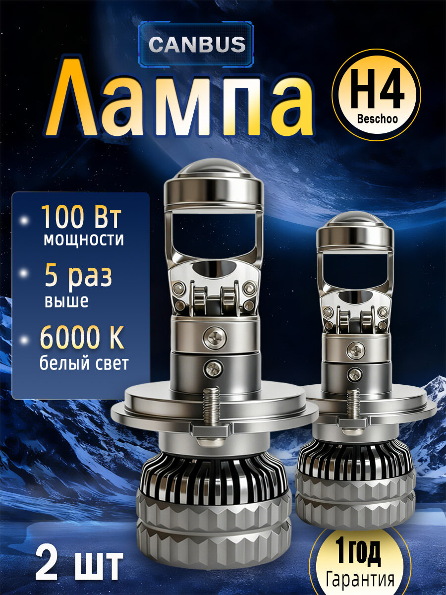 Светодиодные лампы H4 с линзой Beschoo ES, мини линзы H4, 2 шт, 100W 6000K