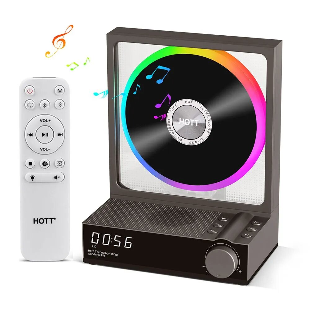 MEGICOT Bluetooth Перезаряжаемый CD-плеер с динамиками, RGB Light, USB Flash Disk Port, Пульт дистанционного управления / Музыкальная запись, Ретро рабочий стол по вертикали