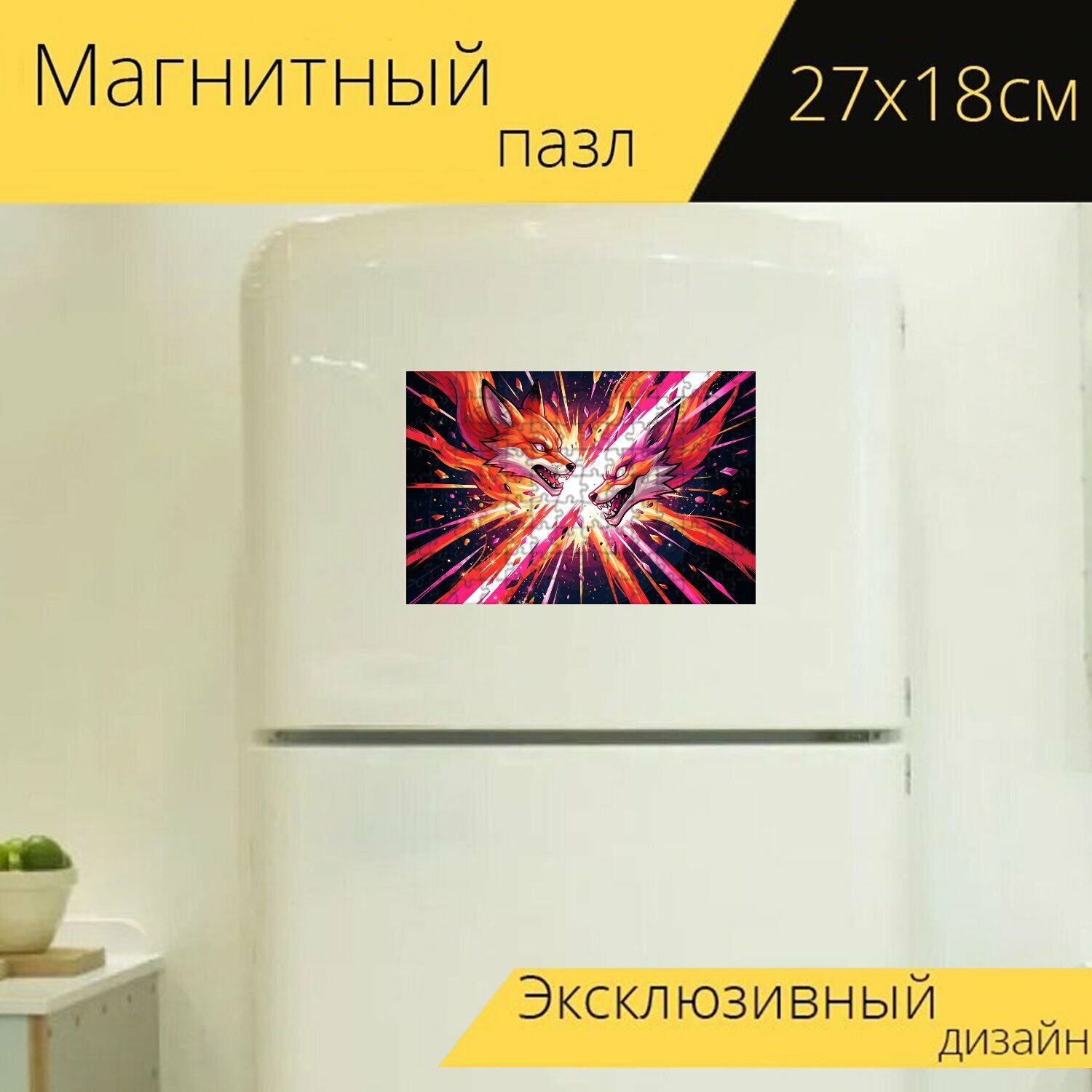 Магнитный пазл "Лисы в неоновой дуэли. Два хищных лисьих профиля сталкиваются в ярком всплеске света, вокруг взрывные линии, искры и абстрактные мазки." на холодильник 27 x 18 см.