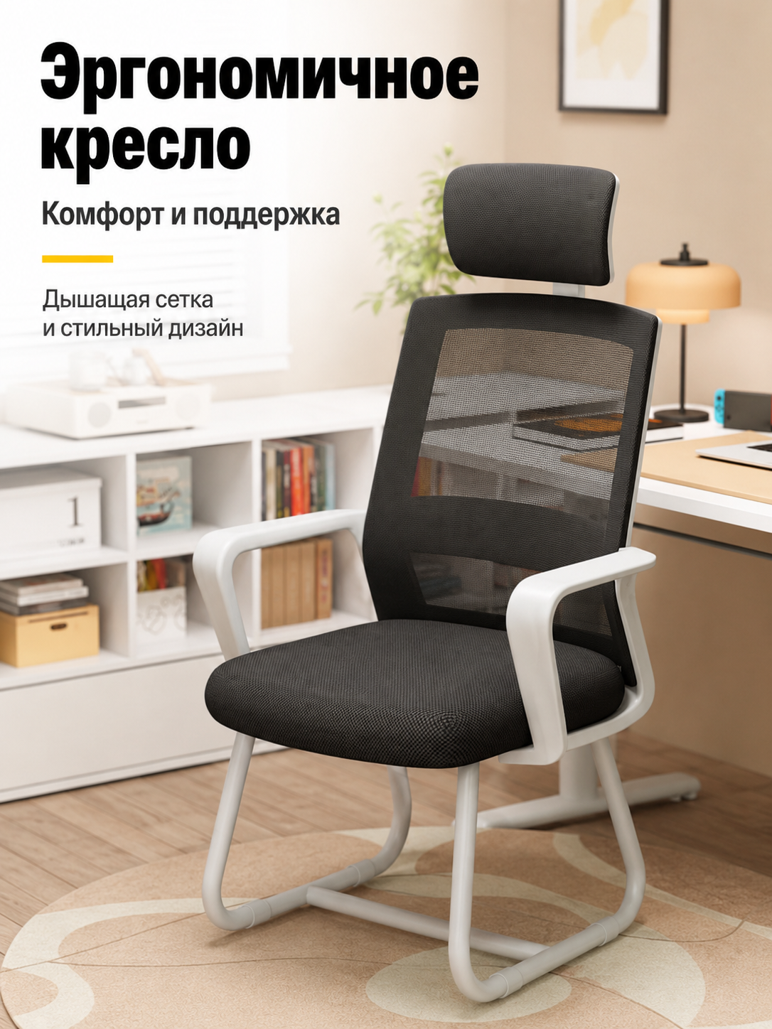 Стулья для учебы и работы, эргономичные, с подголовником, сетчатая спинка, мягкое сиденье, белая рама