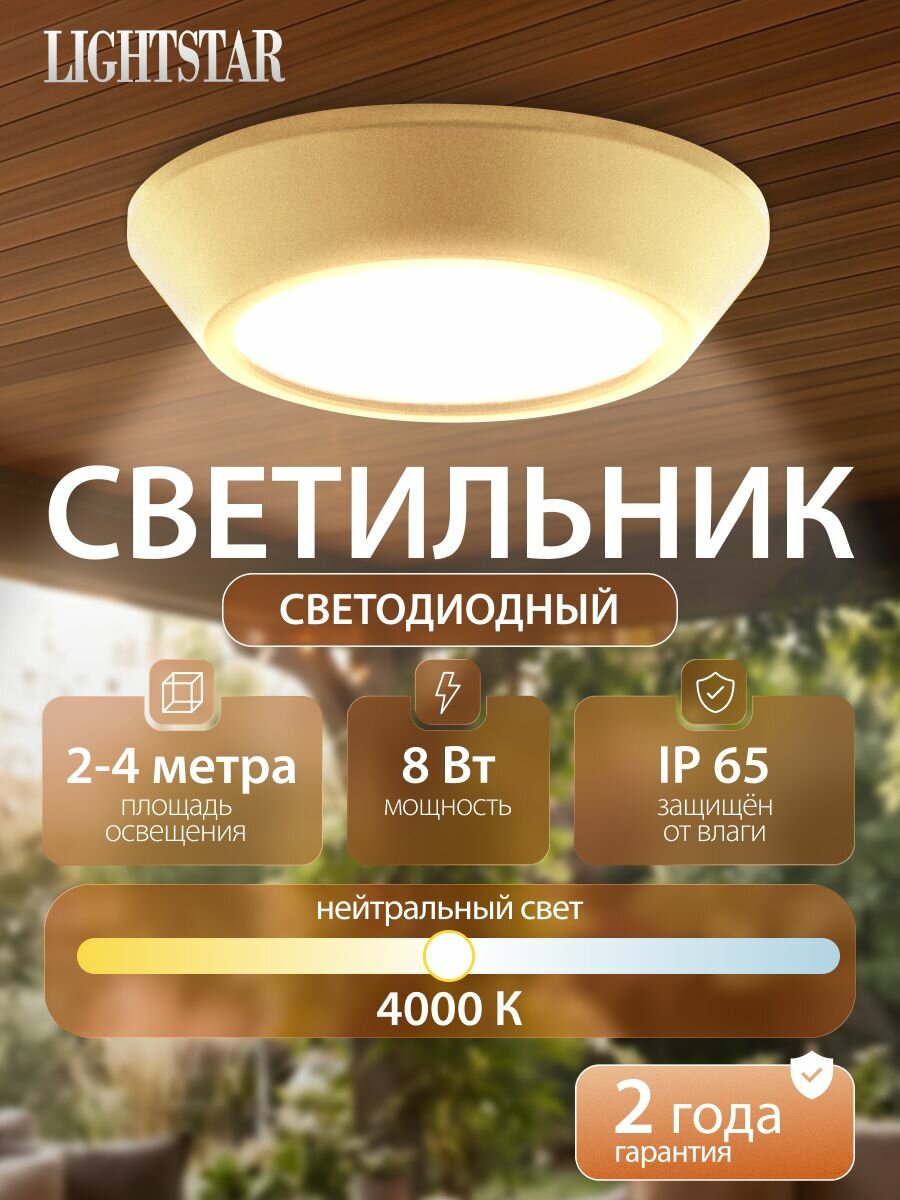 Светильник потолочный светодиодный влагозащищенный Lightstar URBANO 214734, IP65 для ванной и улицы, 4000K, 8W, круглый, золото